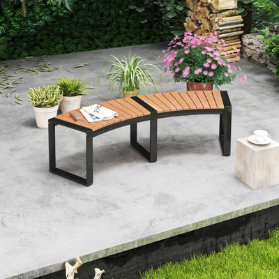 COSTWAY Patio Curved Bench Acacia Wood Fire Pit Bench w/ Slatted Seat