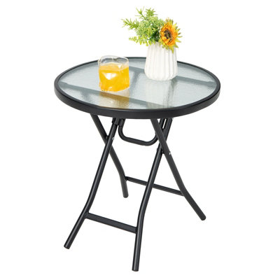 Costway Patio Folding Glass Side Table 46 cm Portable Round Bistro ...