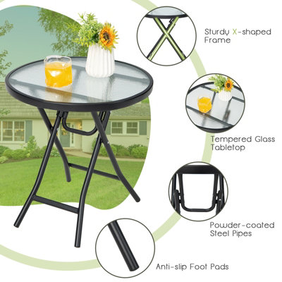Costway Patio Folding Glass Side Table 46 cm Portable Round Bistro ...