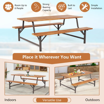 Costway Picnic Table Bench Set Solid Outdoor Wood Patio Dining Table ...
