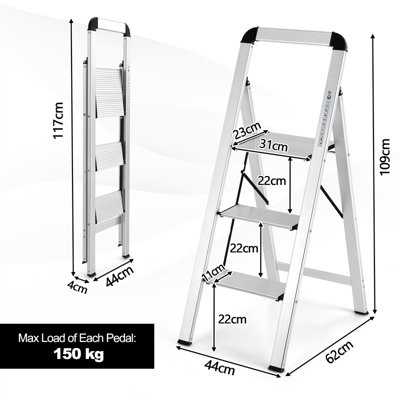 Costway Portable 3-Step Ladder Aluminum Folding Step Stool w/ Non-Slip ...