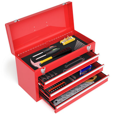 Costway Portable Steel Tool Box Tool Storage Chest w/ 3 Drawers & Top ...
