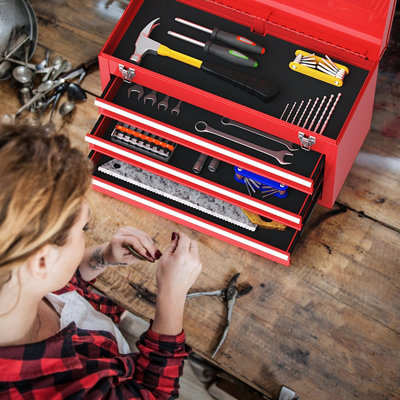 Costway Portable Steel Tool Box Tool Storage Chest w/ 3 Drawers & Top ...