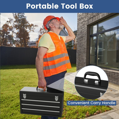 COSTWAY Portable Steel Tool Box Toolbox w/ 3 Drawers & Top Storage Tray ...