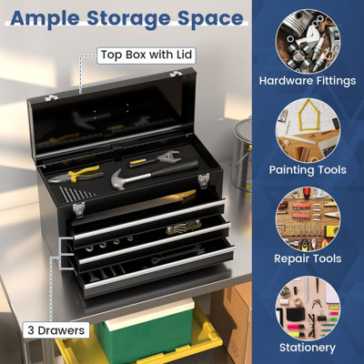 COSTWAY Portable Steel Tool Box Toolbox w/ 3 Drawers & Top Storage Tray ...
