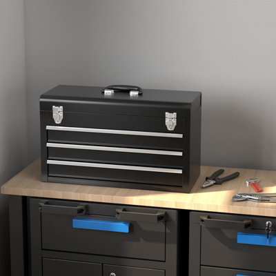 COSTWAY Portable Steel Tool Box Toolbox w/ 3 Drawers & Top Storage Tray ...