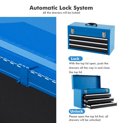 COSTWAY Portable Steel Tool Box Toolbox w/ 3 Drawers & Top Storage Tray ...