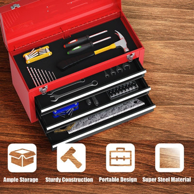 COSTWAY Portable Steel Tool Box Toolbox w/ 3 Drawers & Top Storage Tray ...
