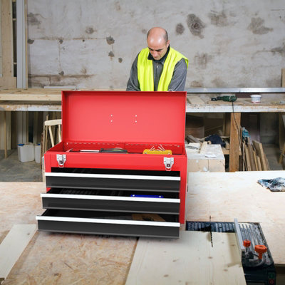 COSTWAY Portable Steel Tool Box Toolbox w/ 3 Drawers & Top Storage Tray ...