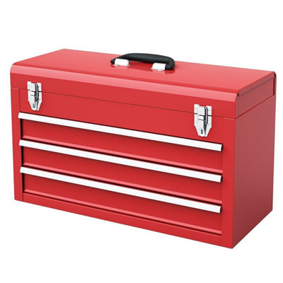 COSTWAY Portable Steel Tool Box Toolbox w/ 3 Drawers & Top Storage Tray-Red