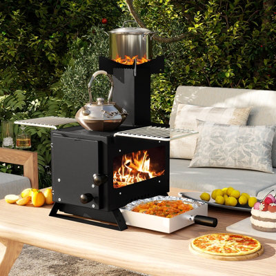 COSTWAY Portable Wood Burning Stove Mini Heater Burner w/ Pot Rack Black