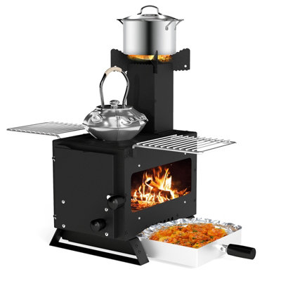 COSTWAY Portable Wood Burning Stove Mini Heater Burner w/ Pot Rack Black