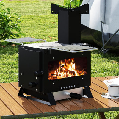 COSTWAY Portable Wood Burning Stove Mini Heater Burner w/ Pot Rack Black