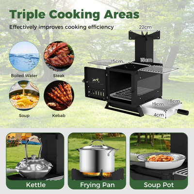 COSTWAY Portable Wood Burning Stove Mini Heater Burner w/ Pot Rack Black