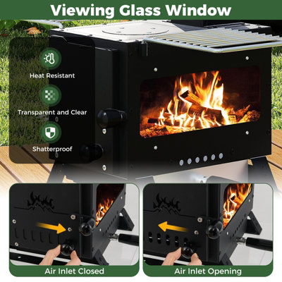 COSTWAY Portable Wood Burning Stove Mini Heater Burner w/ Pot Rack Black