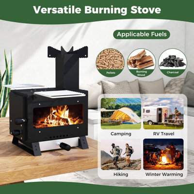 COSTWAY Portable Wood Burning Stove Mini Heater Burner w/ Pot Rack Black