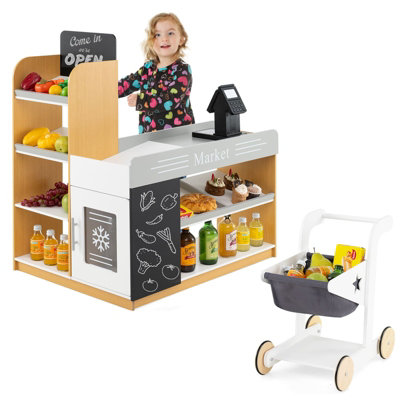 COSTWAY Pretend Play Grocery Store Set Kids Market Stand with Shopping Cart
