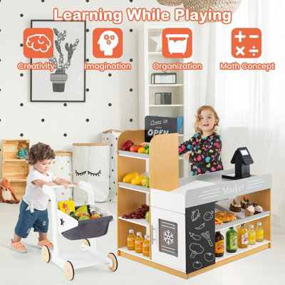 COSTWAY Pretend Play Grocery Store Set Kids Market Stand with Shopping Cart