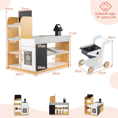 COSTWAY Pretend Play Grocery Store Set Kids Market Stand with Shopping Cart