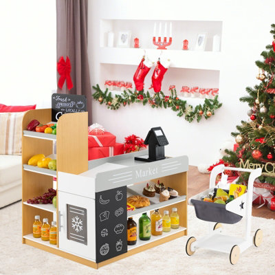 COSTWAY Pretend Play Grocery Store Set Kids Market Stand with Shopping Cart