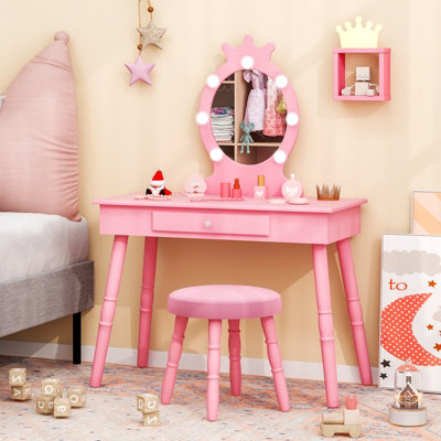 COSTWAY Princess Dressing Table & Chair Set Kids Vanity Set w/ Lighted ...