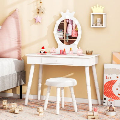 COSTWAY Princess Dressing Table & Chair Set Kids Vanity Set w/ Lighted ...