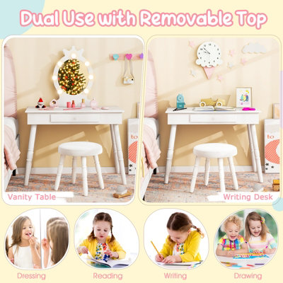 COSTWAY Princess Dressing Table & Chair Set Kids Vanity Set w/ Lighted ...