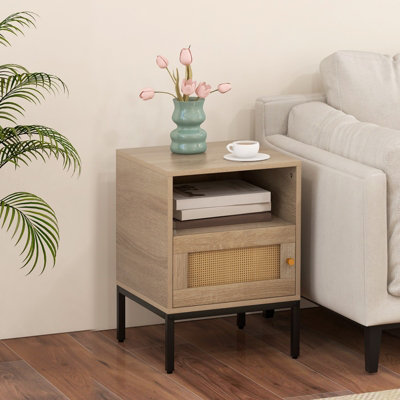 Costway Rattan Door Bedside Table Compact Nightstand Boho Style End ...