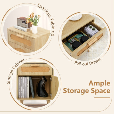 COSTWAY Rattan Nightstand Bedside Table with Storage Drawer & Door