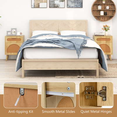 COSTWAY Rattan Nightstand Bedside Table with Storage Drawer & Door