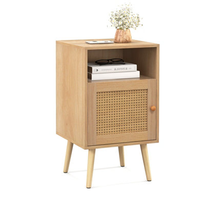 Costway Rattan Nightstand Bedside Table Wooden End Table w/ Storage Cabinet