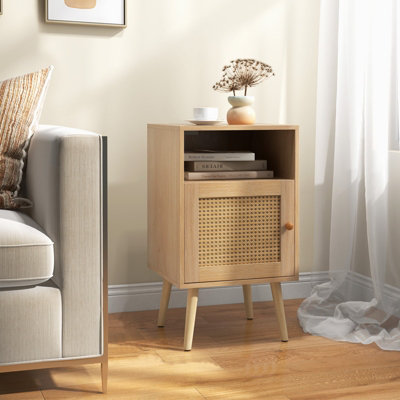 Costway Rattan Nightstand Bedside Table Wooden End Table w/ Storage Cabinet