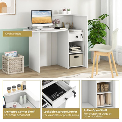 Costway Reception Desk Front Counter Desk w/ Lockable Drawer & Shelf-White