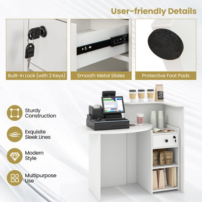 Costway Reception Desk Front Counter Desk w/ Lockable Drawer & Shelf-White