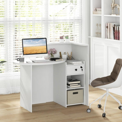 Costway Reception Desk Front Counter Desk w/ Lockable Drawer & Shelf-White