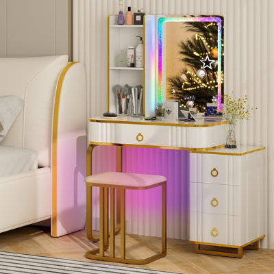 COSTWAY RGB Vanity Table Set Bedroom Dressing Table w/ Mirror & Lights ...