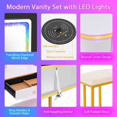 COSTWAY RGB Vanity Table Set Bedroom Dressing Table w/ Mirror & Lights ...