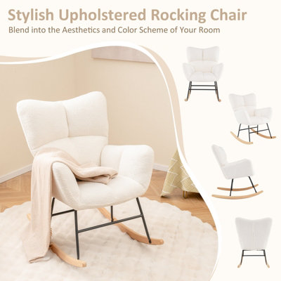 COSTWAY Rocking Chair Teddy Fleece Fabric Glider Chair Upholstered Rocker