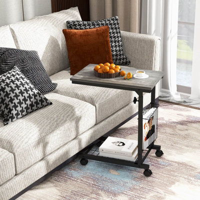 Costway Rolling C shaped Sofa Side Table Adjustable Overbed Table with Storage Basket