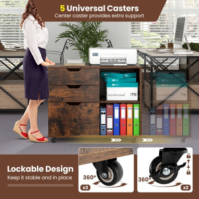 COSTWAY Rolling Lateral Filing Cabinet with 3 Pull-out Drawers