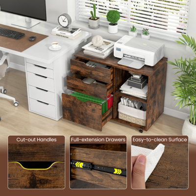 COSTWAY Rolling Lateral Filing Cabinet with 3 Pull-out Drawers