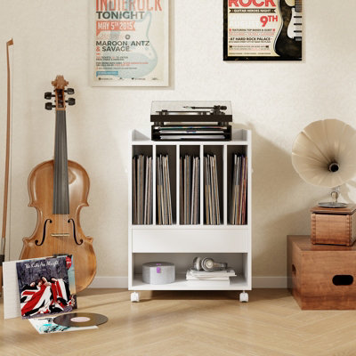 COSTWAY Rolling Record Player Stand Display Shelf with Drawer