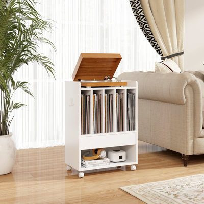 COSTWAY Rolling Record Player Stand Display Shelf with Drawer
