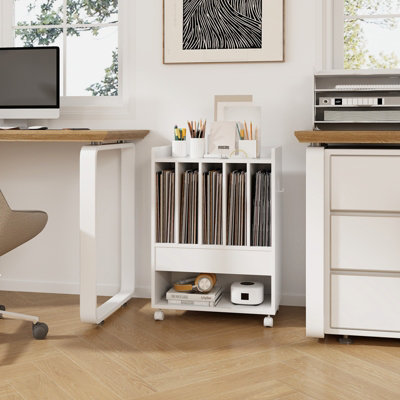 COSTWAY Rolling Record Player Stand Display Shelf with Drawer