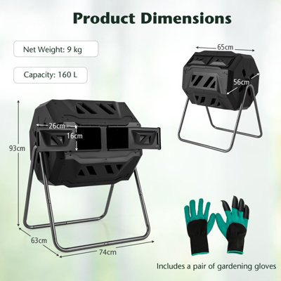 Costway Rotatable Compost Bin 160L Dual Chamber Composting Tumbler w/ 2 ...
