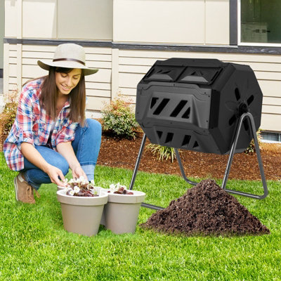 Costway Rotatable Compost Bin 160L Dual Chamber Composting Tumbler w/ 2 ...