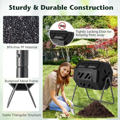 Costway Rotatable Compost Bin 160L Dual Chamber Composting Tumbler w/ 2 ...