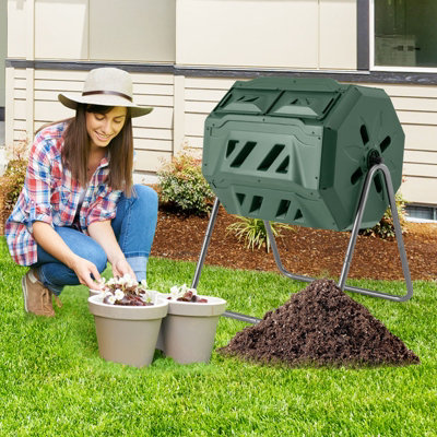 Costway Rotatable Compost Bin 160L Dual Chamber Composting Tumbler w/ 2 ...