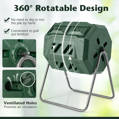 Costway Rotatable Compost Bin 160L Dual Chamber Composting Tumbler w/ 2 ...