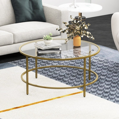 Costway Round Coffee Table Tempered Glass Top Metal Center Snack Tea ...